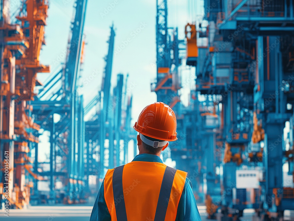Worker assesses container loading operations at a busy shipping ...