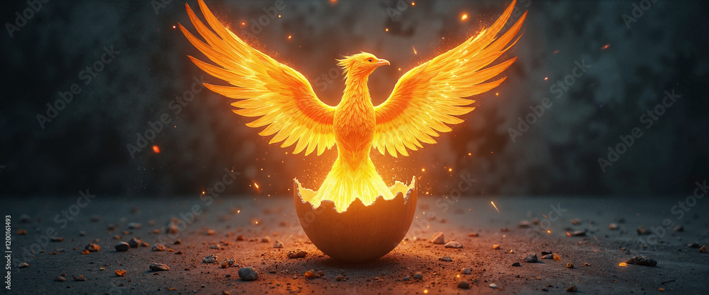 Fiery phoenix emerging from an egg surrounded by glowing embers and a ...