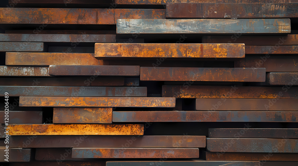 Textured layers of industrial metal plates stacked in a workshop ...