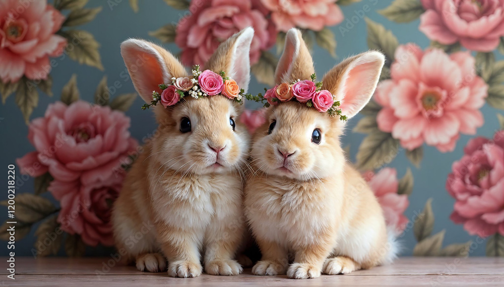 Two cute Easter bunnies rabbits with floral crowns with spring flowers ...