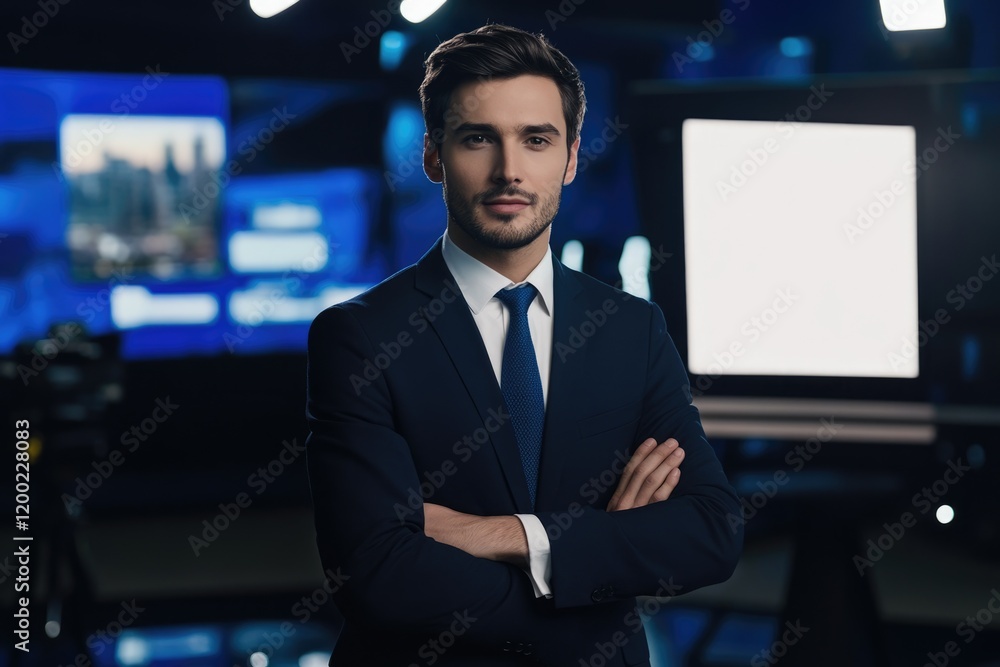 Evening News Anchor Reporting Live with Blank Screen in Telecom Studio ...