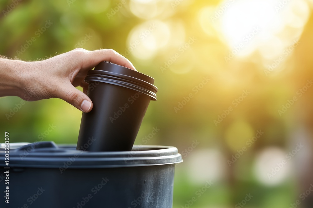 Person discarding a black coffee cup in a trash bin in a green outdoor ...