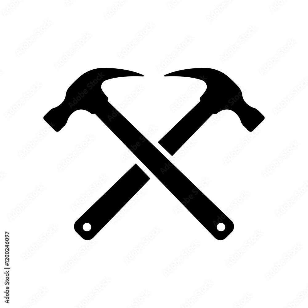 Crossed hammers icon. Black silhouette. Front side view. Vector simple ...