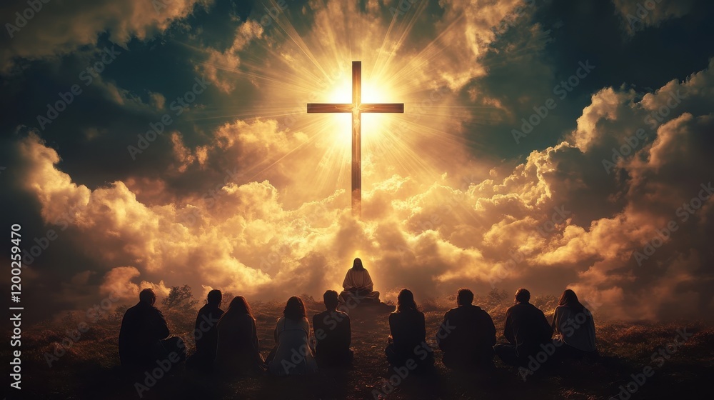 Jesus and his disciples kneeling in front of the cross, looking up at ...