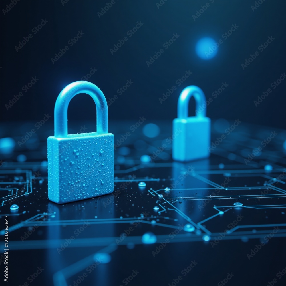 Digital image portraying lock-illuminated by rain symbolizing data ...