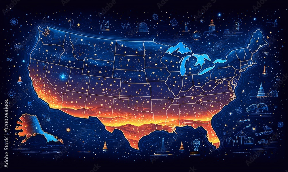 Celestial United States Map Night Sky Stars and State Outlines Scenic ...