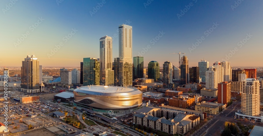 Edmonton skyline at sunrise, featuring Rogers Place arena. Modern ...