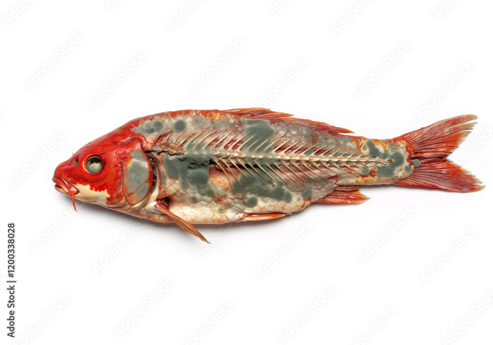 Dead Koi fish decaying with mold and visible skeleton - isolated on ...