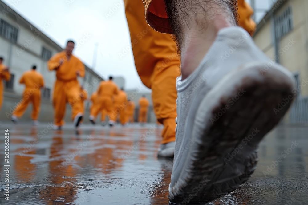 Foto This image depicts the feet of an inmate walking on wet ground in ...