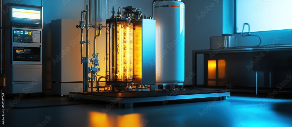 Illuminated laboratory reactor system in a modern lab setting. Stock ...