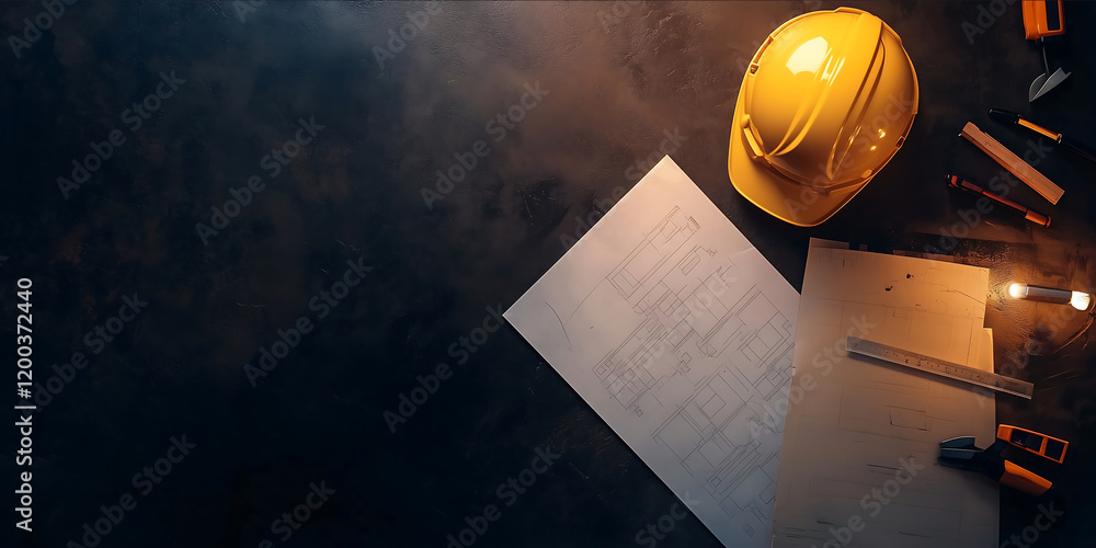 wellorganised working table of a builder engineer with soft gold safety ...