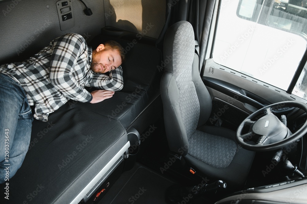 Truck driver sleeping in his cabin after working long routes overtime ...