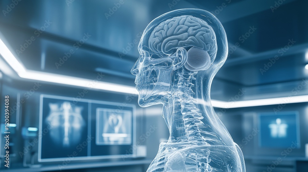 A transparent human neck with visible bones and a herniated disc ...