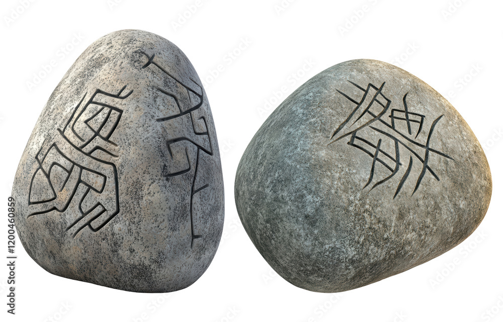 Ancient Stone Script: Two grey, smooth stones, each bearing mysterious ...