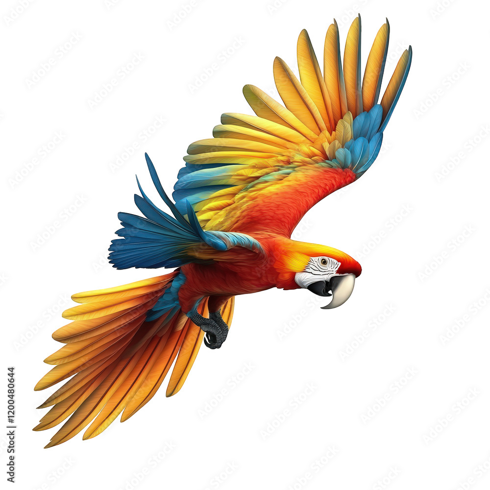 vibrant and colorful macaw in mid-flight. showcasing its striking ...