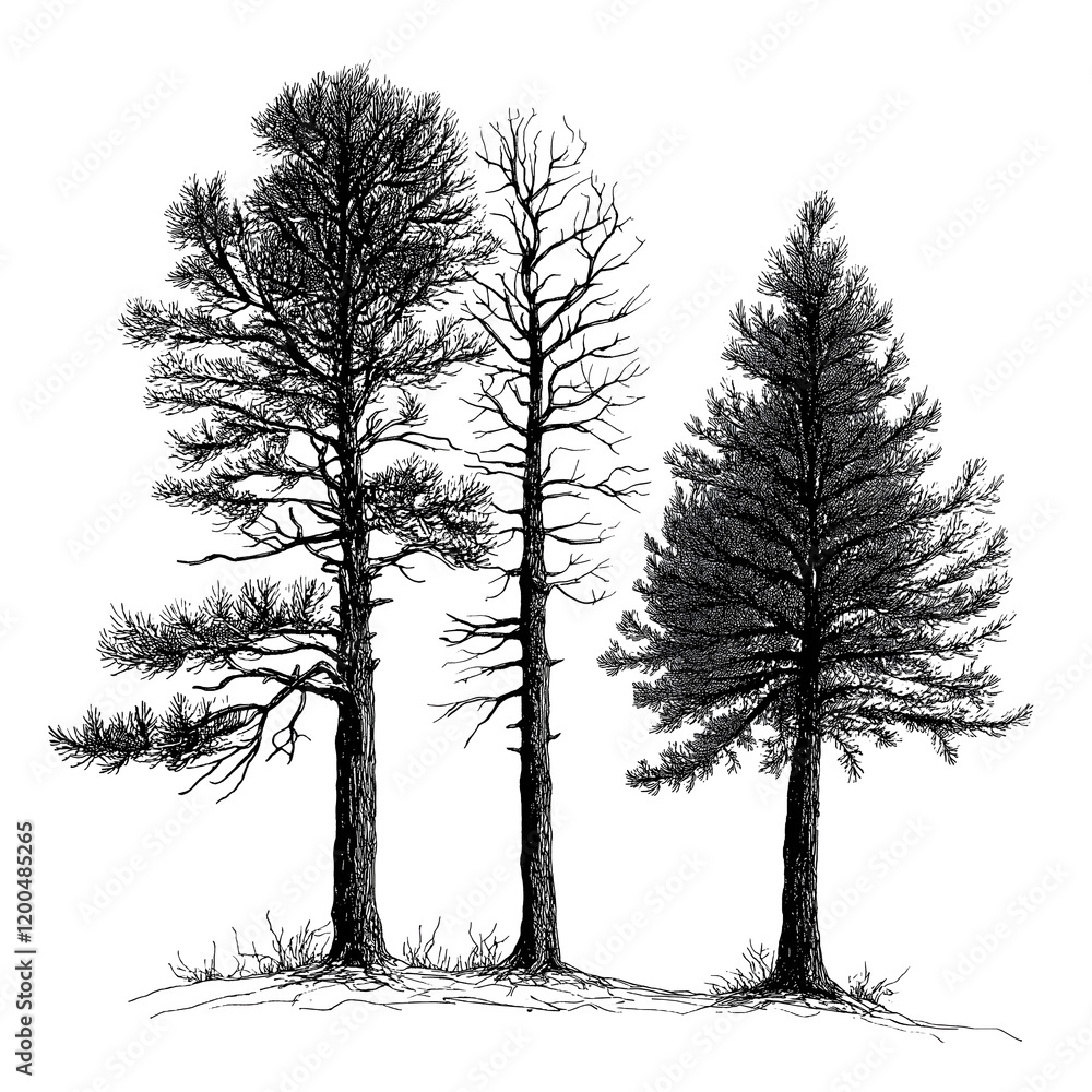 handdrawn black and white illustration of three scary different sized ...