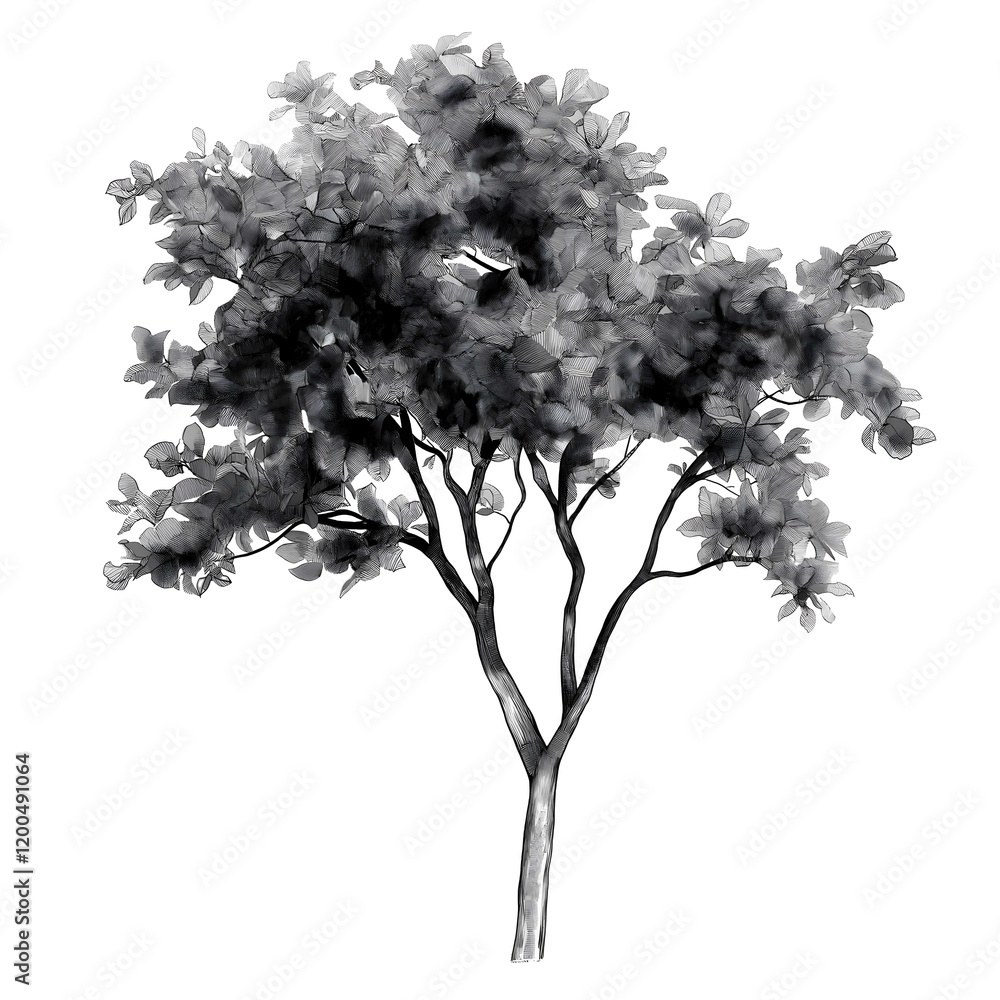 grayscale digital drawing illustrator young urban tree simple branching ...