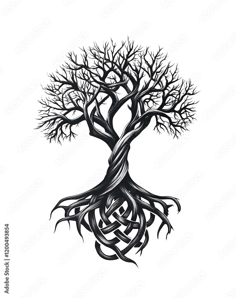black and grey tattoo design of an oak tree with roots that form the ...