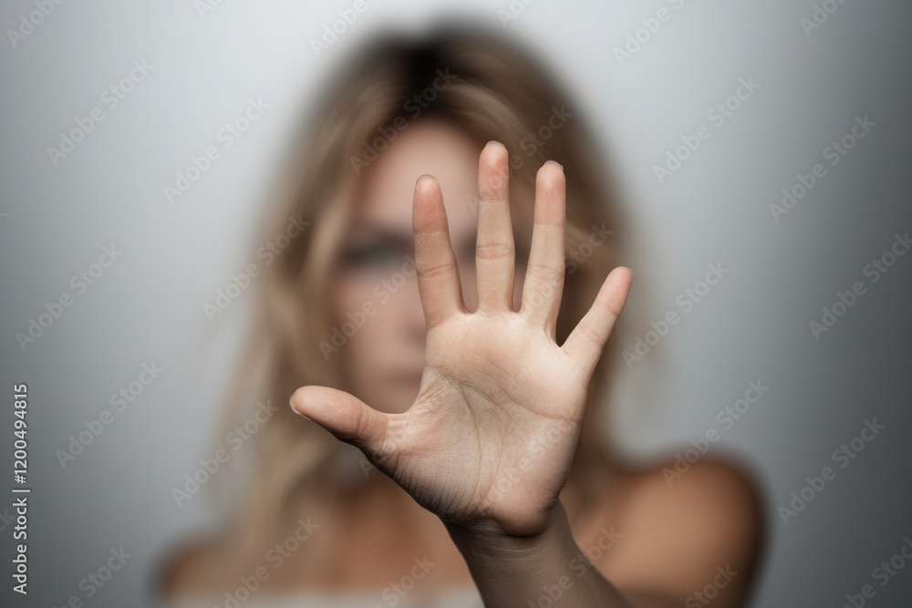 Woman in fear: protective pose, rescue gesture, stop abuse, domestic ...