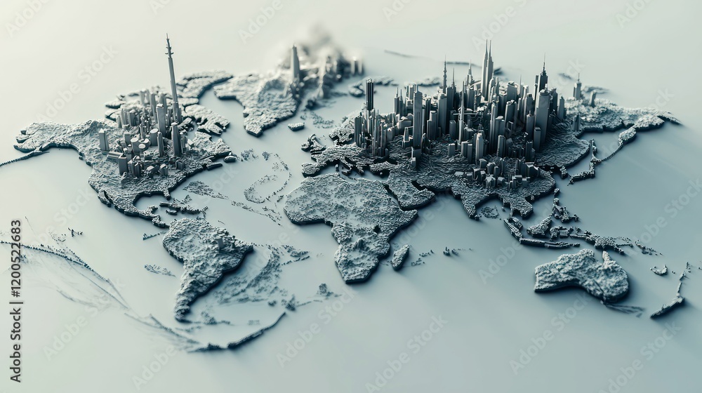 a 3d world map with raised city structures representing urban density ...