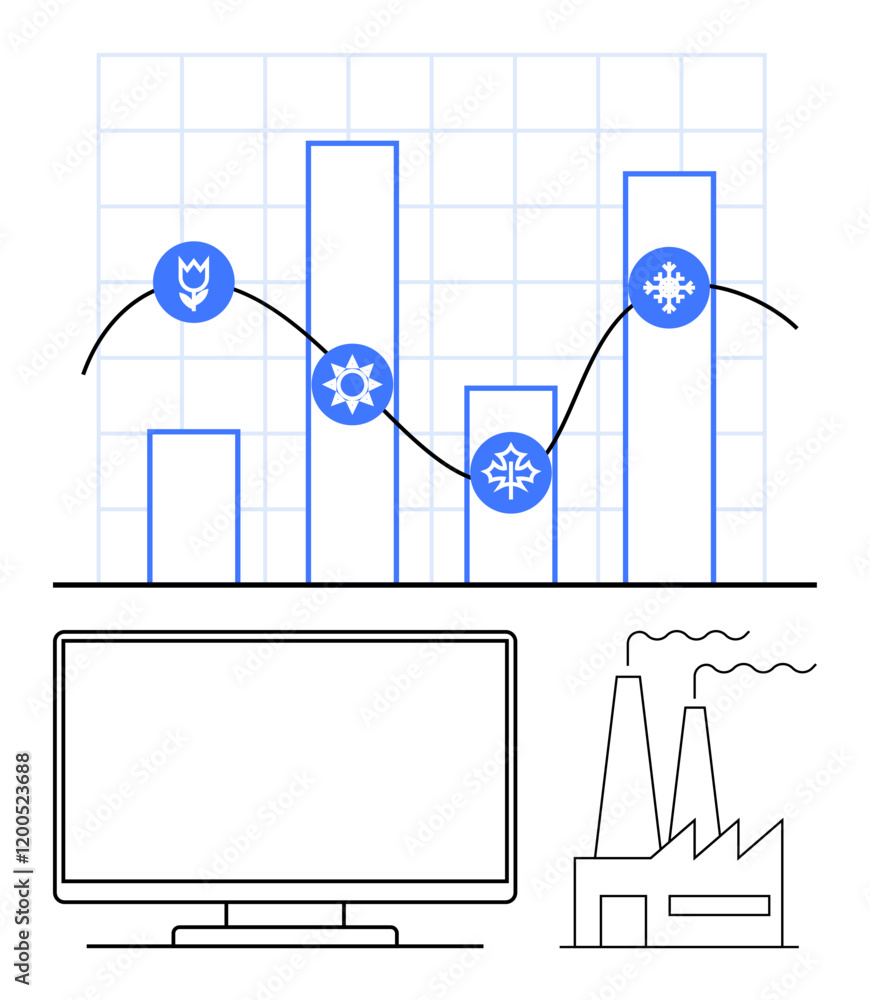 Bar graph with seasonal icons, line chart overlaid. Includes a computer ...