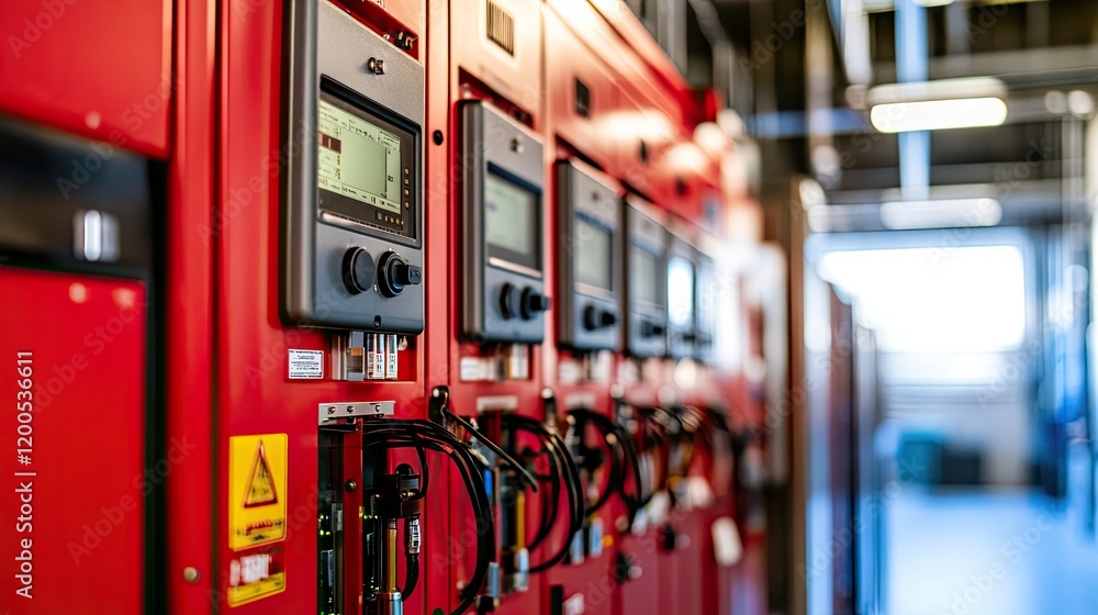 A detailed view of a fire alarm control panel in a commercial building ...