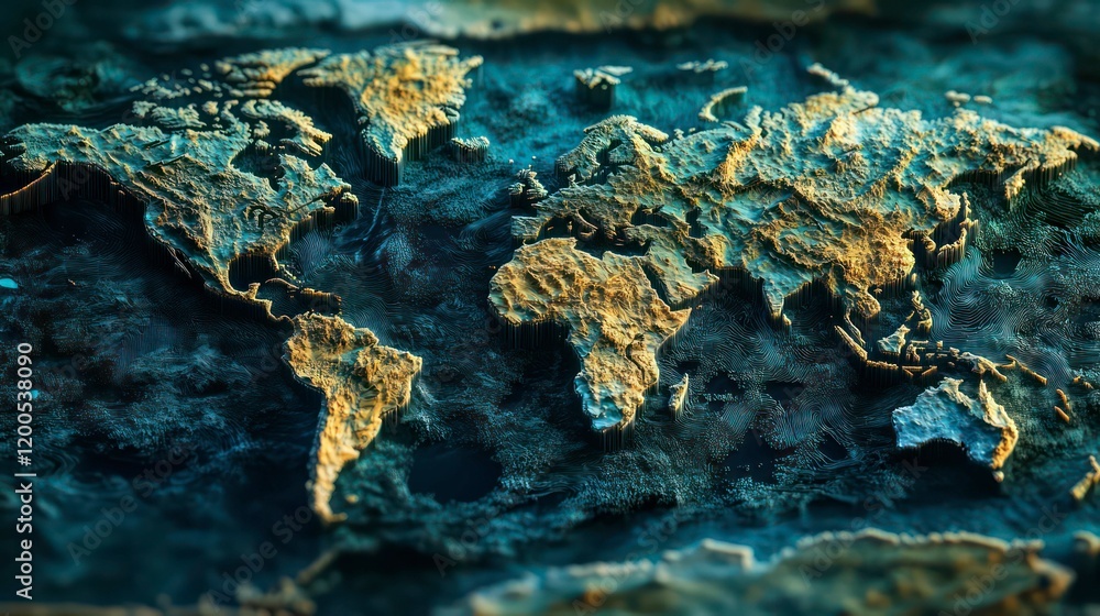 world map with natural tones, raised continents, vintage aesthetic, and ...