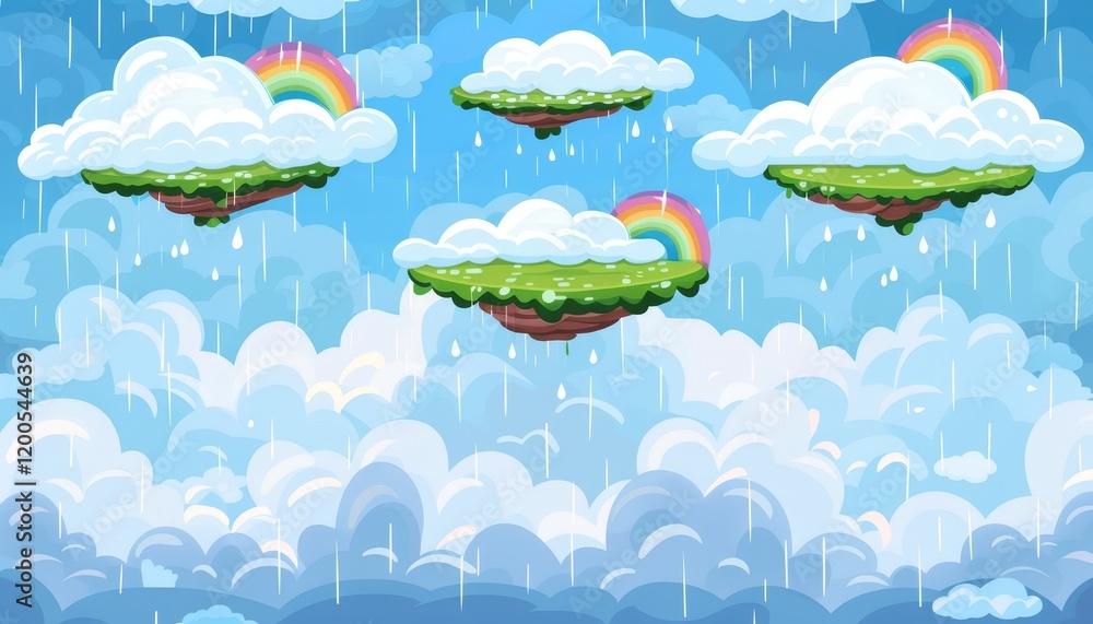 Cartoon illustration of floating islands in the sky with rainbows and ...