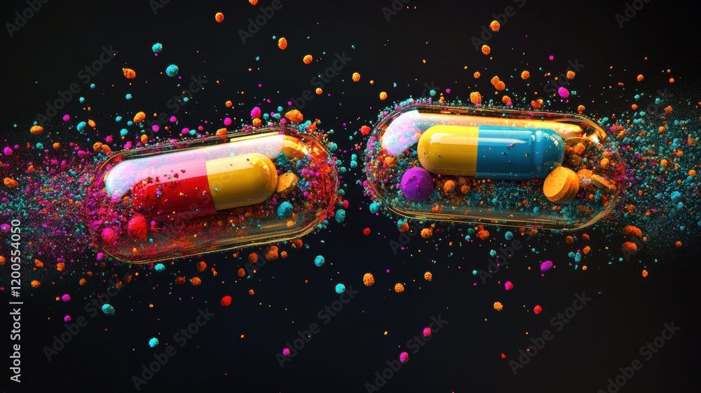Colorful particles burst from split capsule showcasing vibrant contents ...