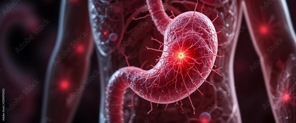 High-resolution 3D medical illustration of a human stomach with ...