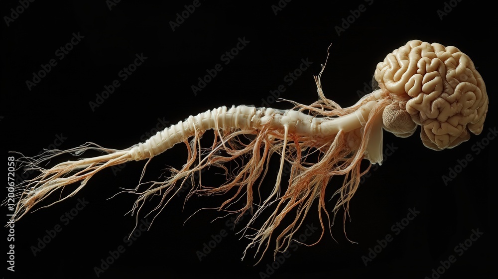 side view of the human nervous system, focusing on the spinal cord and ...