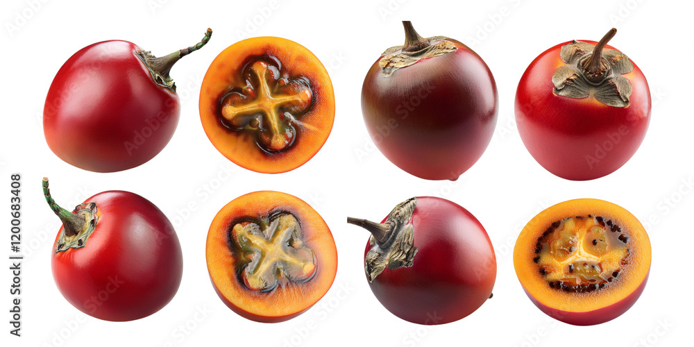 Whole and sliced tamarillo fruits displayed against a black background ...