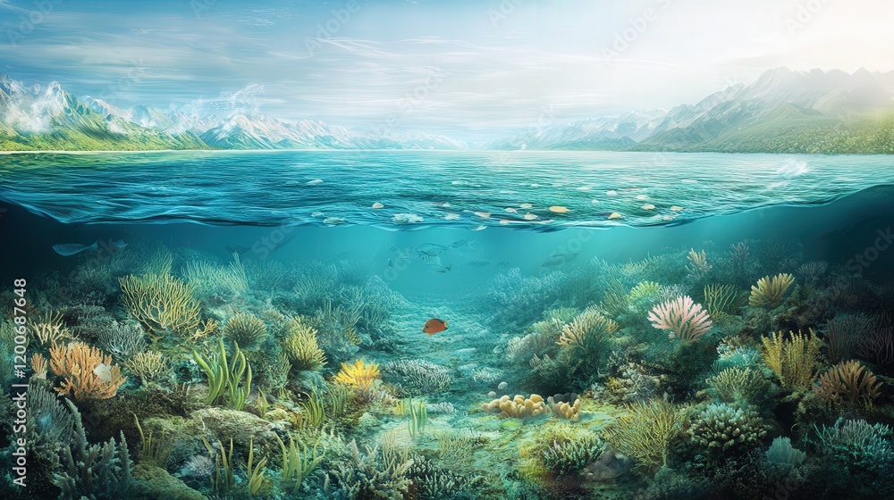 marine ecosystem, depicting coral reefs, fish, and marine plants, and ...