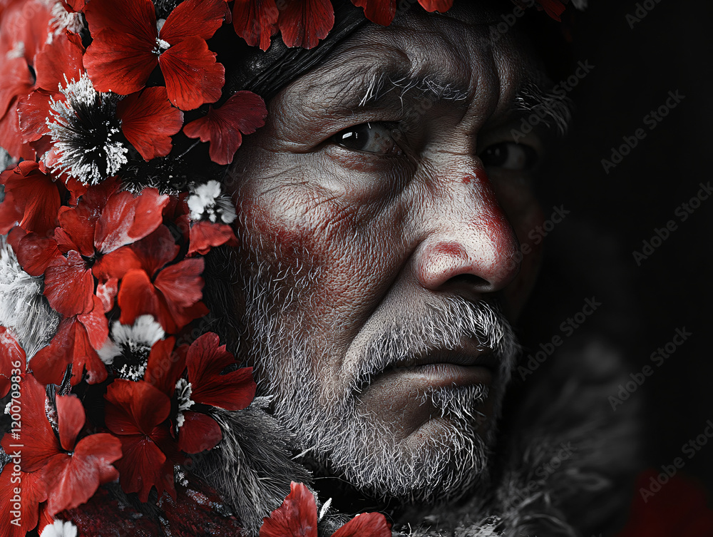 Portraits Northern Inuit man traditional attire snow flower vibrant ...