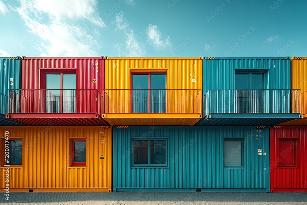 Colorful shipping containers repurposed into a modern building. Stock ...