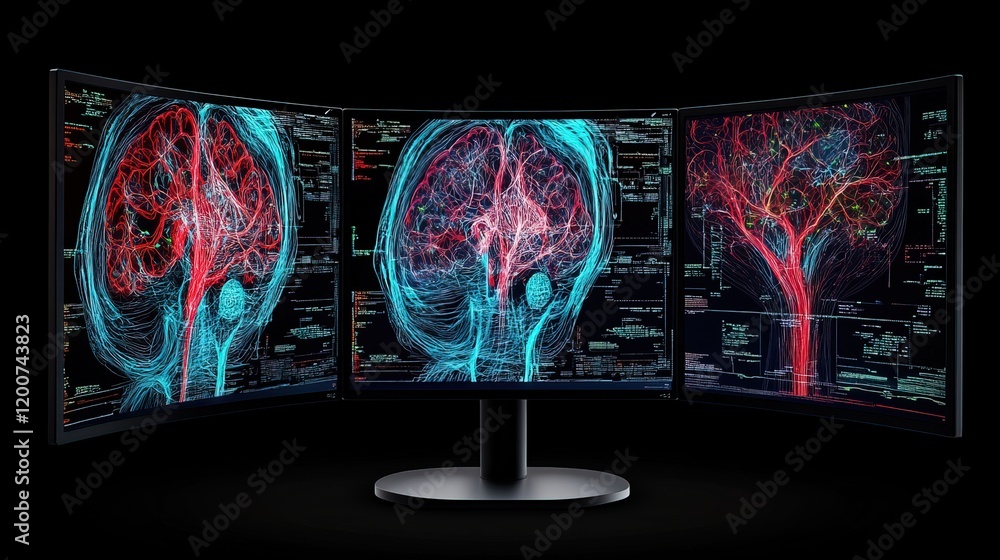Detailed brain scan images on display screens reveal intricate neural ...