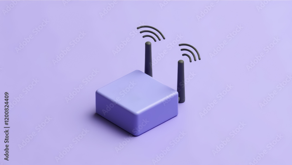 purple cube-shaped wifi router with two antennas transmitting wireless ...