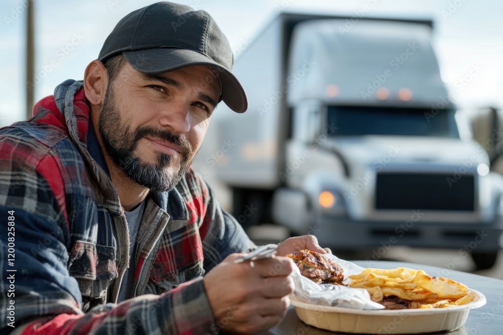 Truck Driver Enjoys Packed Meal at Rest Stop While Taking a Break from ...