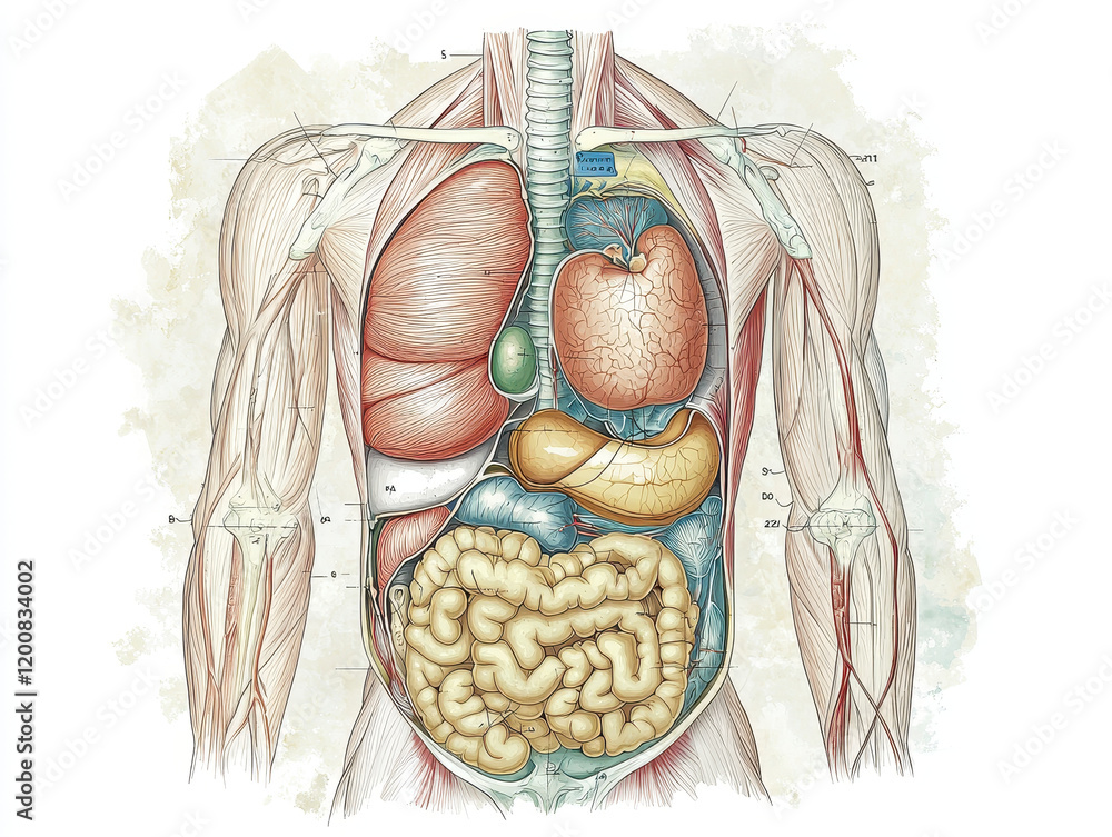Anatomical cross section of human torso showing organs and muscles ...