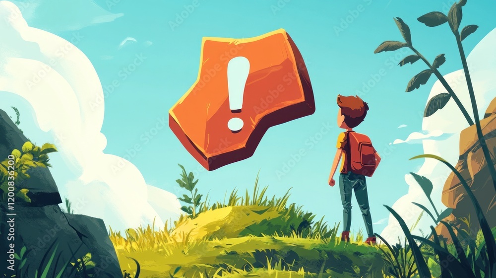 Boy hiker discovers a floating exclamation mark sign in a scenic ...