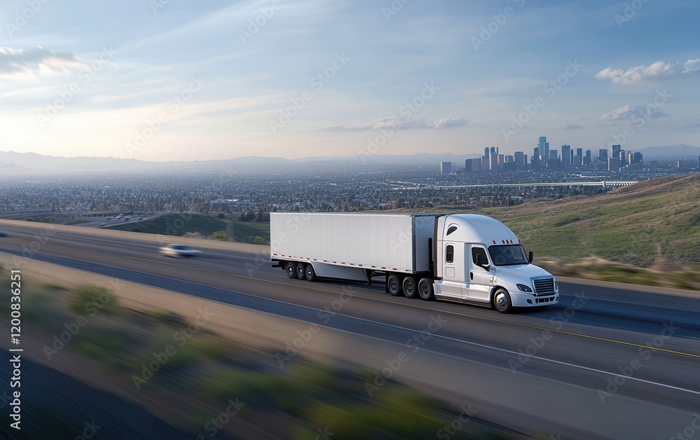 White semi-truck highway transport, city backdrop Stock Photo | Adobe Stock