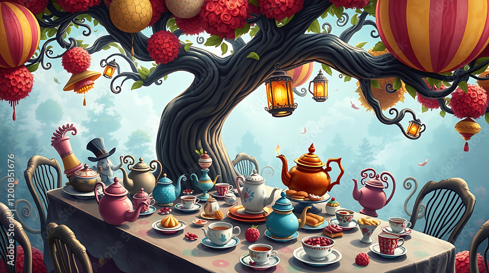 A whimsical and surreal depiction of the Mad Hatter's tea party from ...