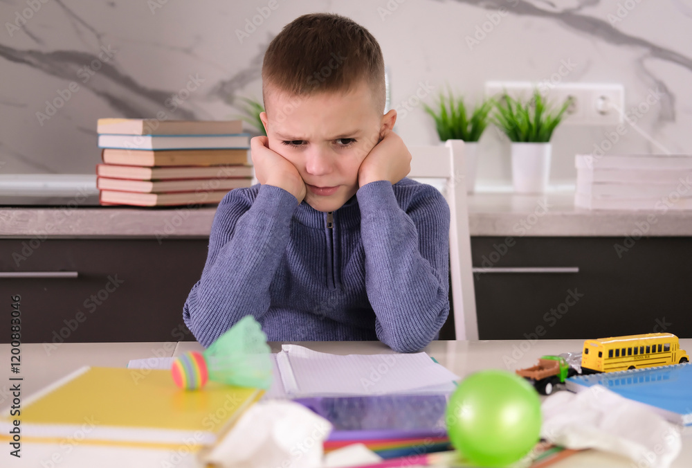 Frustrated, unhappy child sits down at table and does his homework ...