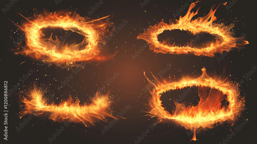 Fire frames, vector rectangular burning borders. Realistic burn flame ...
