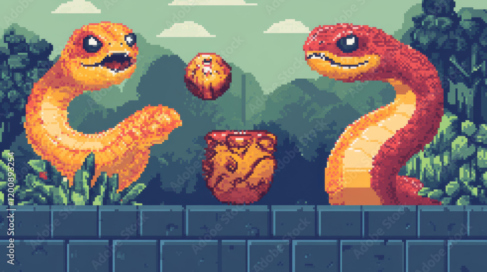 8 bit arcade game pixel snakes or reptile characters, vector cartoon ...