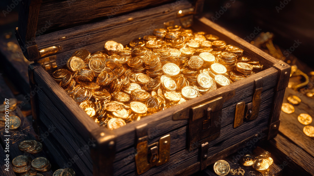 Cartoon treasure chest box animation. Golden coins and gemstones in ...