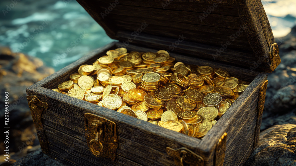 Cartoon treasure chest box animation. Golden coins and gemstones in ...