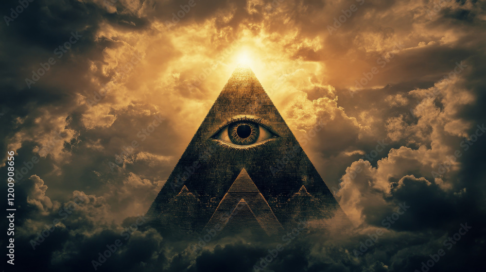 Illuminati eyes with mason pyramids. Triangle providence symbols with ...