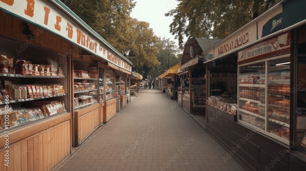 Empty market stalls lined up on a paved walkway between trees. Stock ...