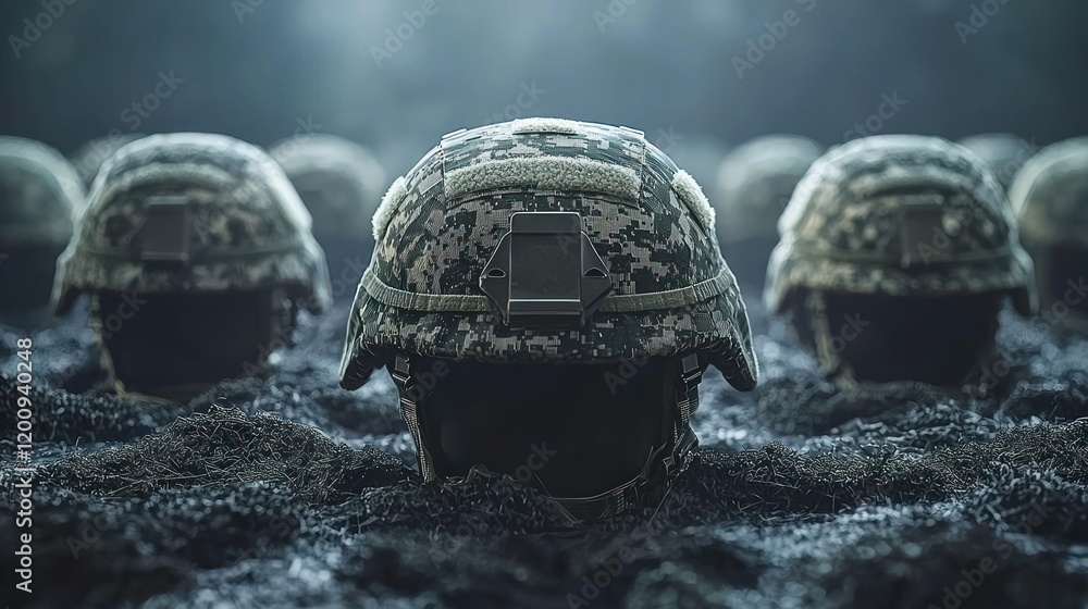 Camouflaged helmets, battlefield, somber, fallen soldiers, memorial ...